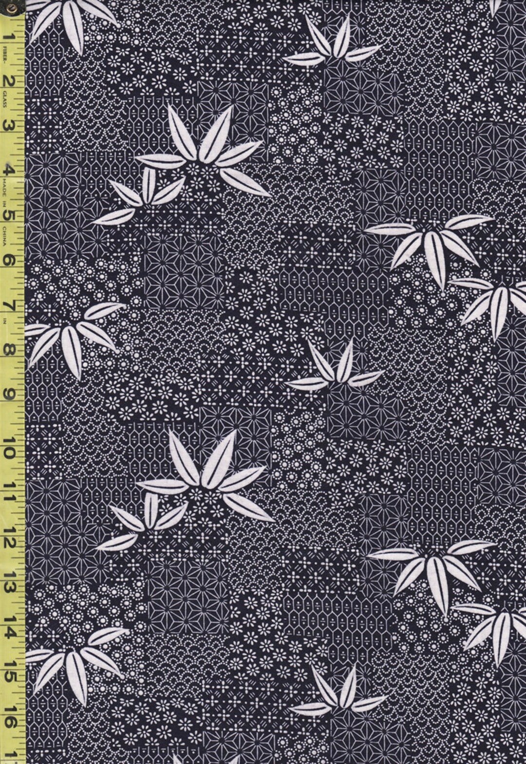 865 Yukata Fabric Patchwork With Japanese Motifs & Bamboo Leaves indigo ...