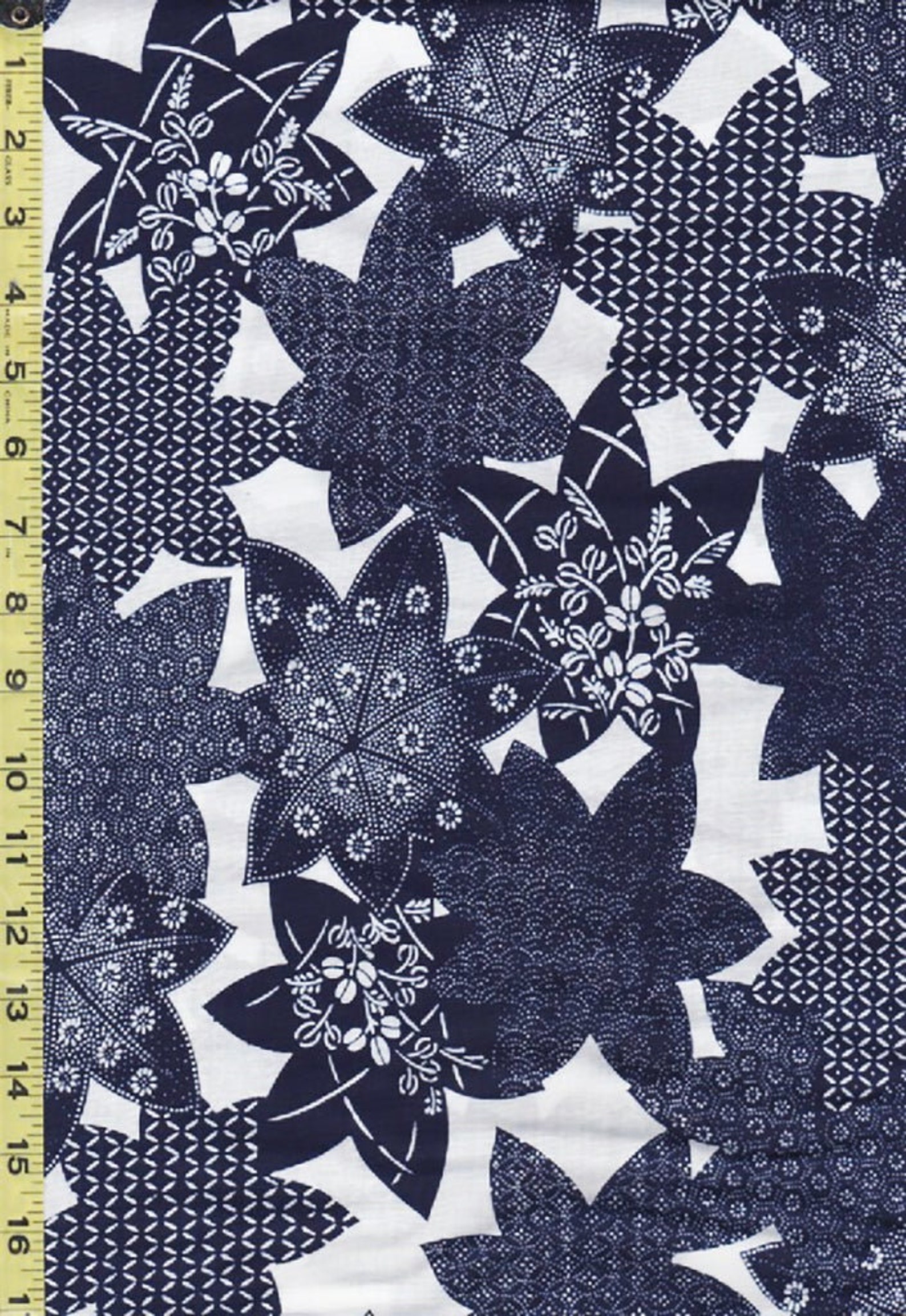 609 - Yukata - Floral Motif Maple Leaves - Indigo & White - by the Half ...
