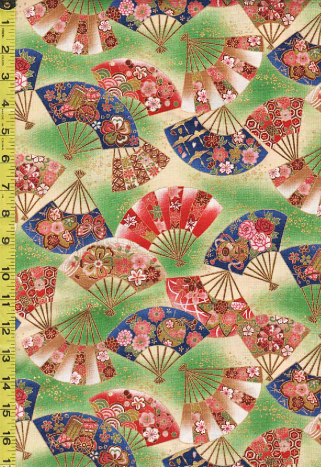 Japanese Naka Floating Japanese Floral Fans N-1750 87H Green by the ...