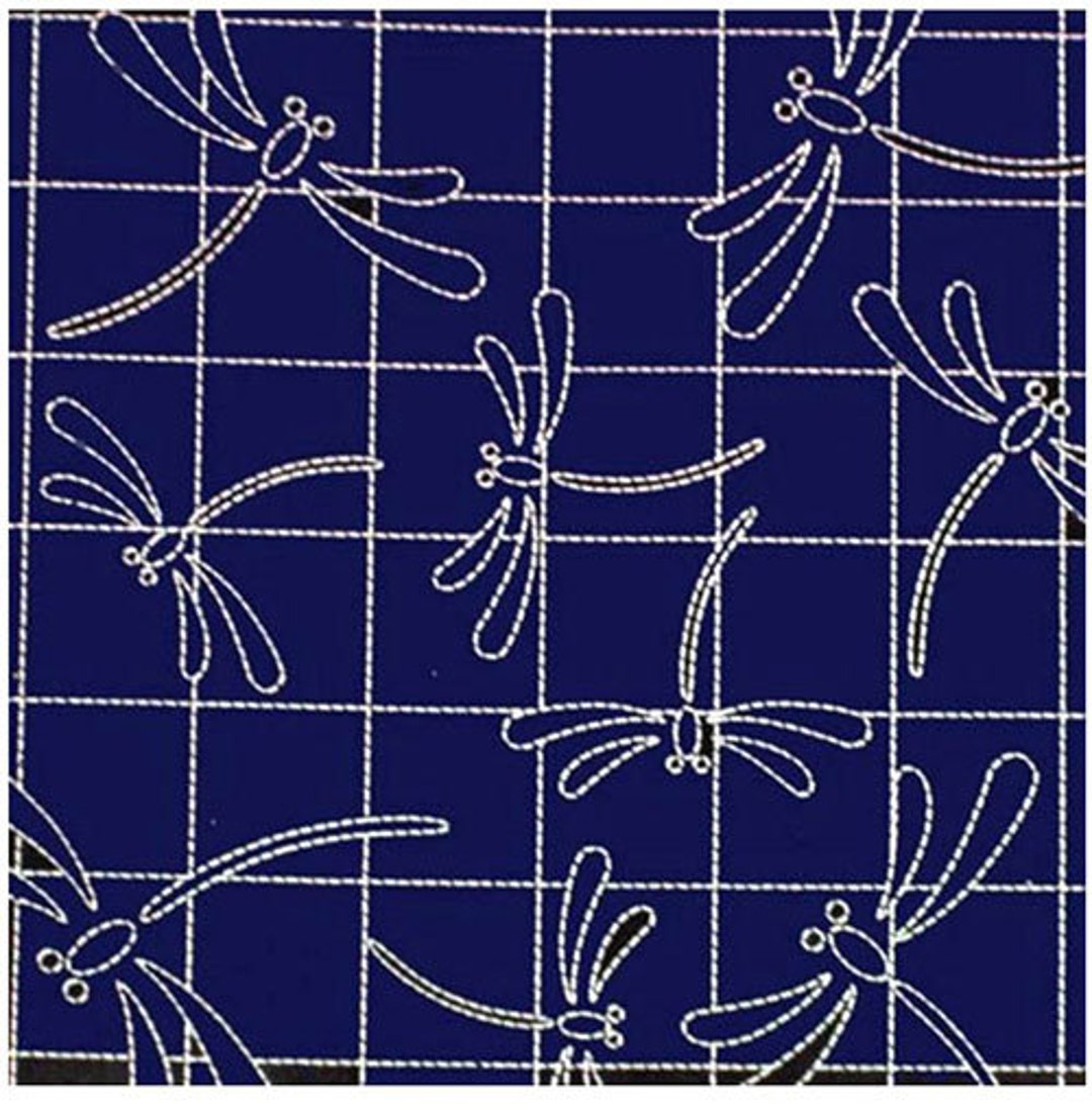 240 - Navy - Sashiko Pre-printed Sampler - Dragonflies on Checkerboard ...