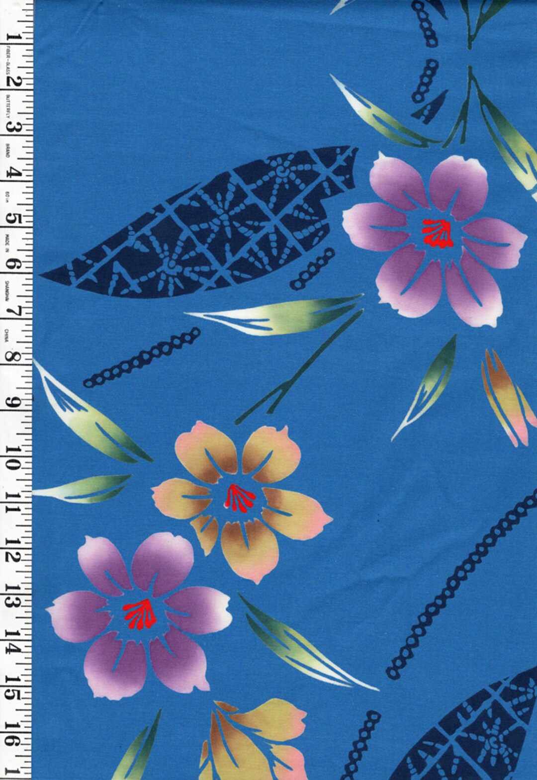 708 - Yukata Fabric - Colorful Flowers With Decorative Leaves ...