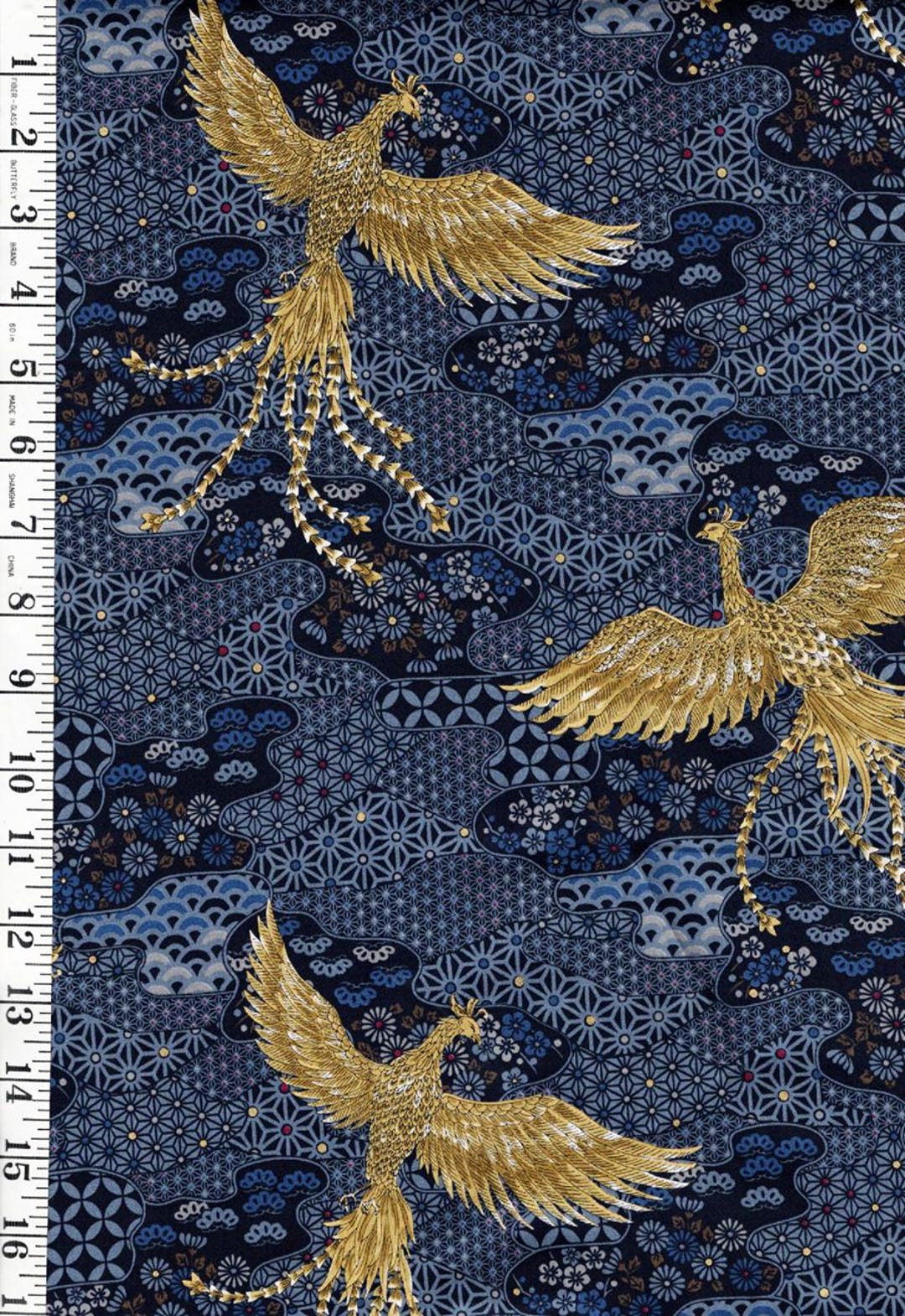 Japanese Cosmo Golden Phoenix, Flowers & Japanese Motifs SP3700-3D Blue ...