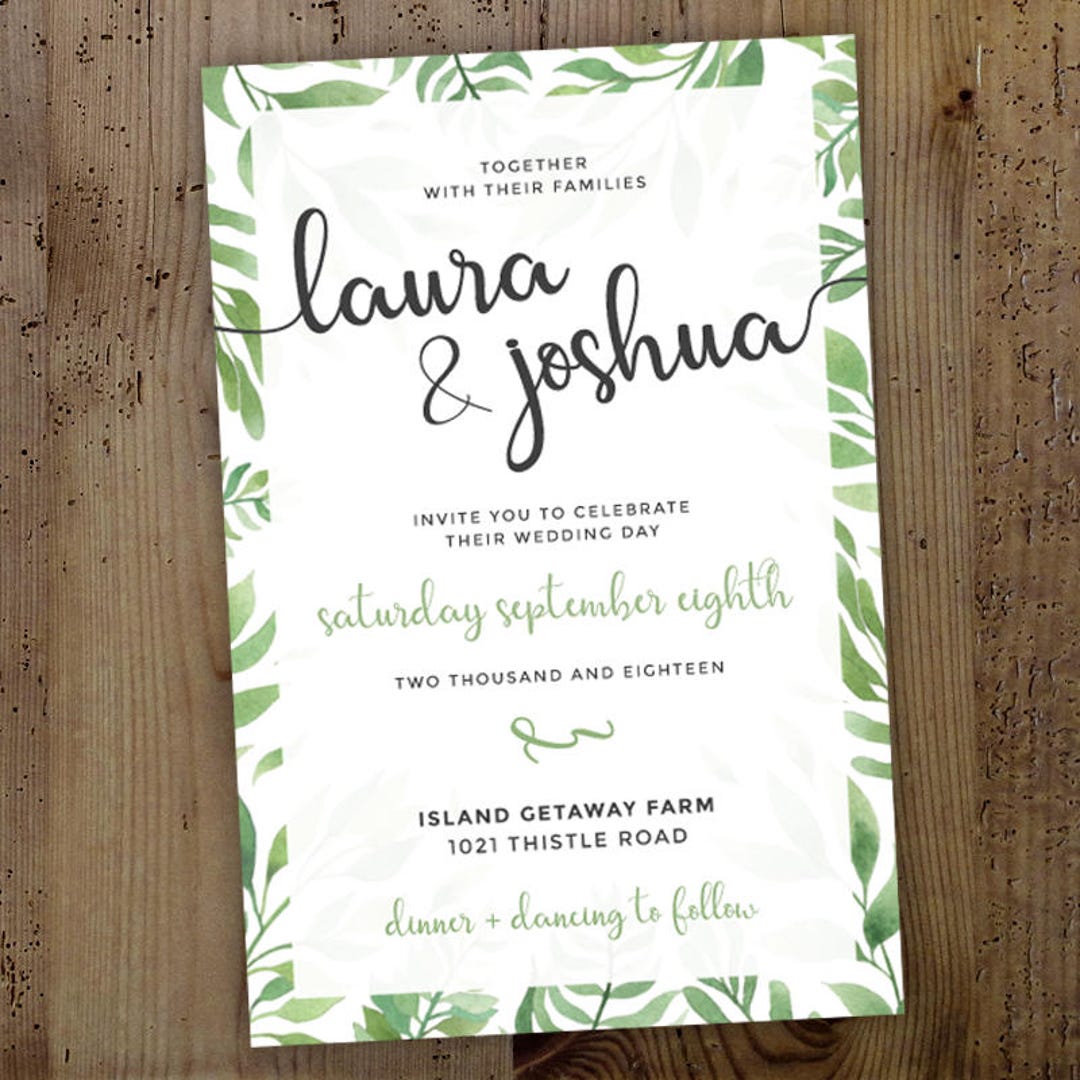 Greenery Wedding Invitation - Wedding Invite Template - Print at Home ...