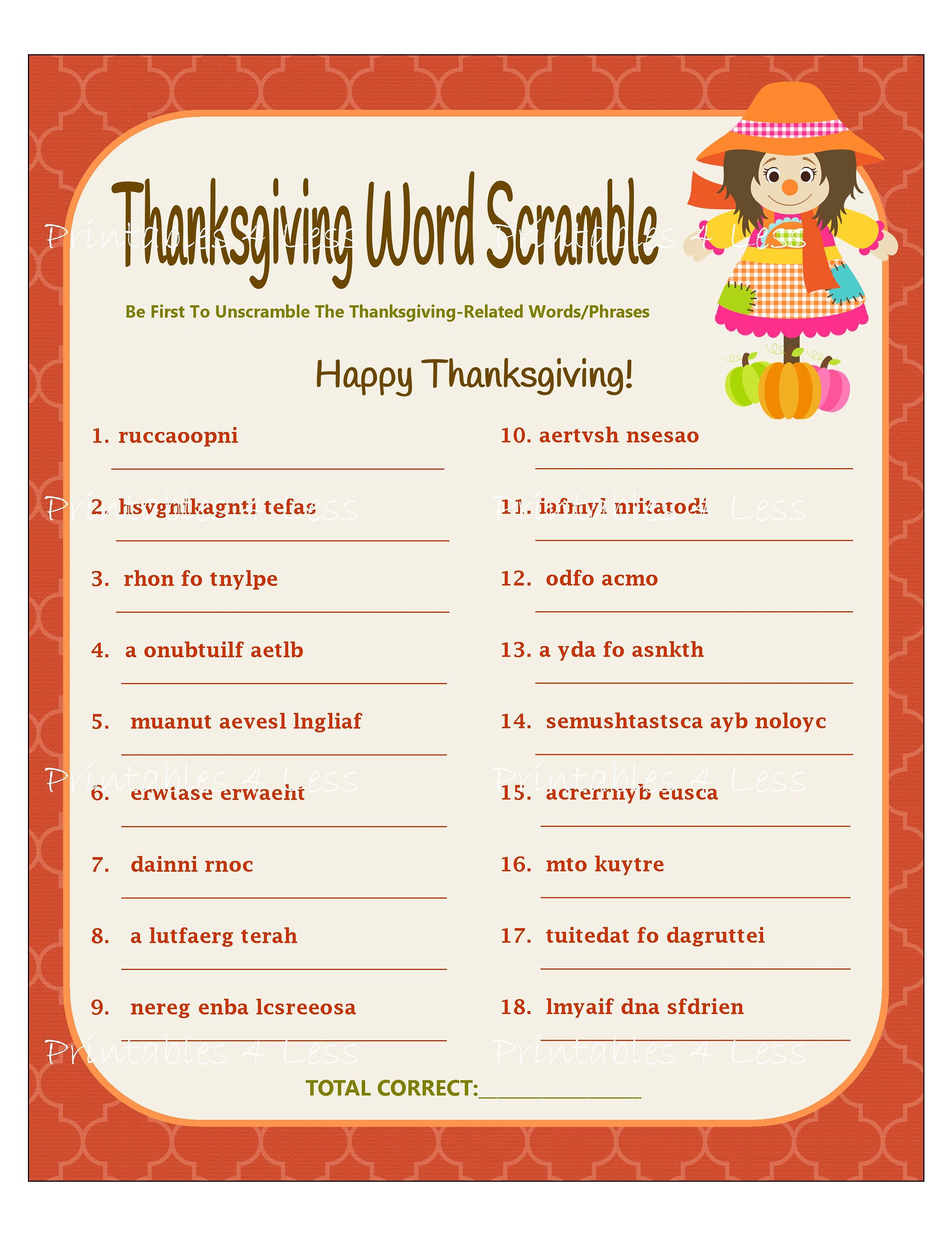 Thanksgiving Word Scramble Printable Thanksgiving Word Game Etsy