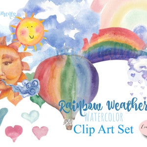 Rainbow Weather WATERCOLOR Clip Art Set/hot Air Balloon/sun - Etsy