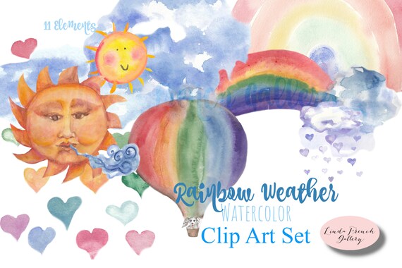 Rainbow Weather WATERCOLOR Clip Art Set/Hot Air Balloon/Sun | Etsy