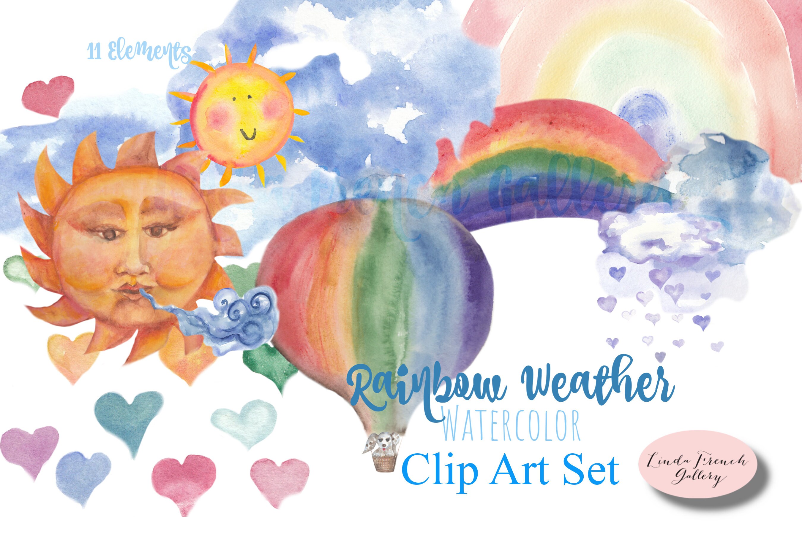 Rainbow Weather WATERCOLOR Clip Art Set/hot Air Balloon/sun - Etsy