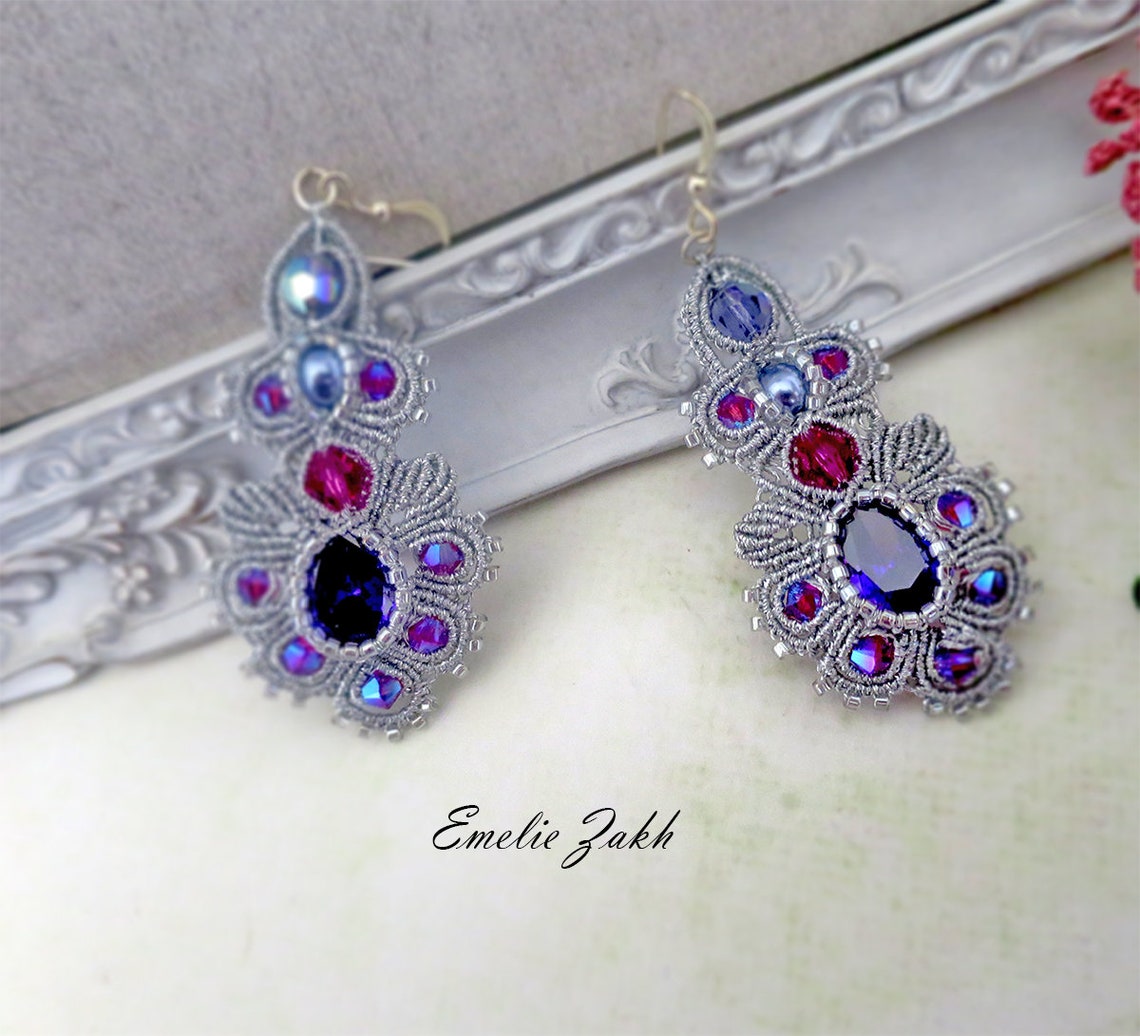 Lace Earrings Wedding Macrame Jewelry for Bride Pink Purple Zirconium ...