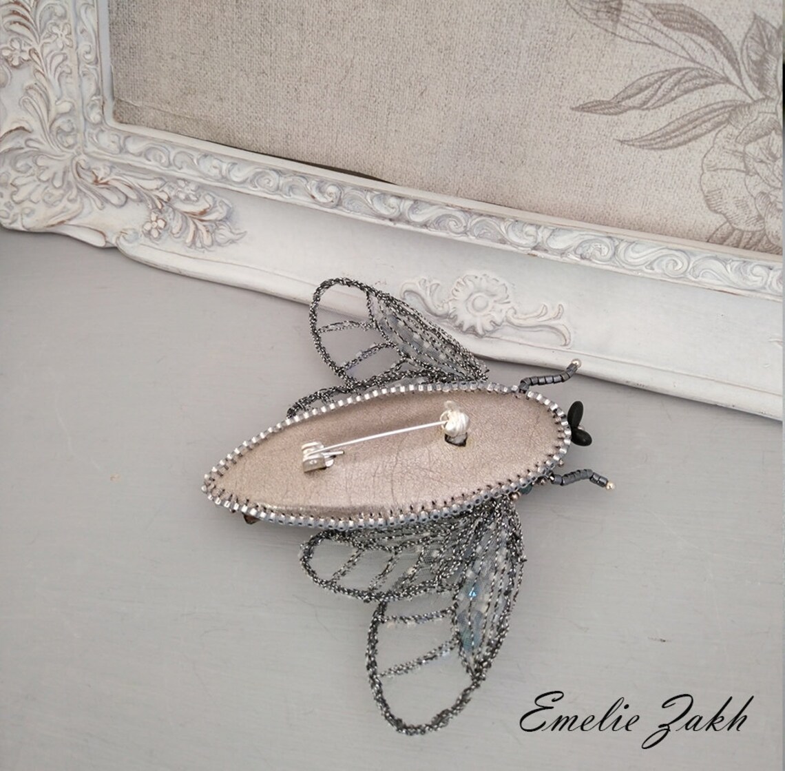 Beetle gray silver Insect Brooch Pin Beetle with Beaded Wings | Etsy