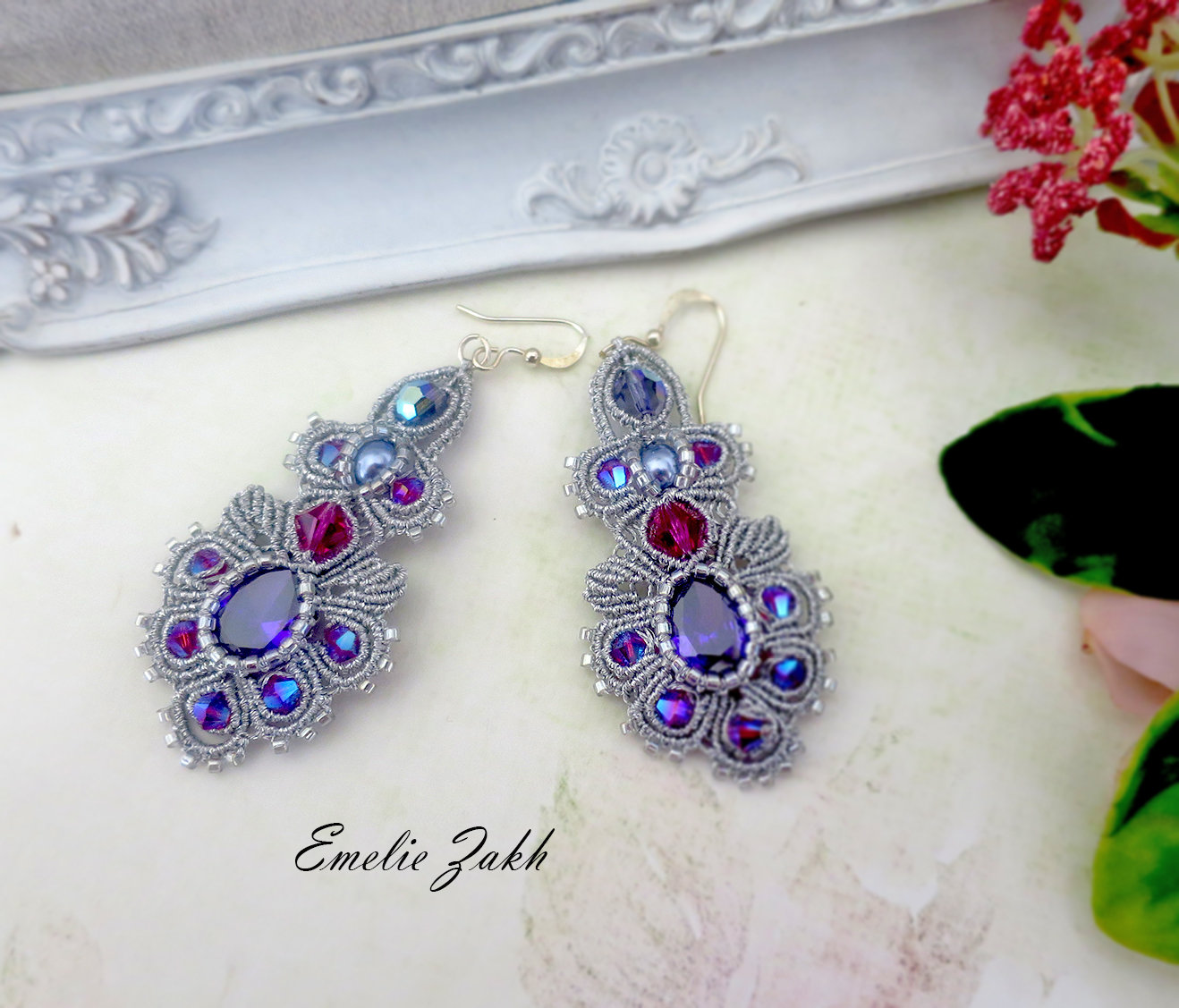 Lace Earrings Wedding Macrame Jewelry for Bride Pink Purple Zirconium ...