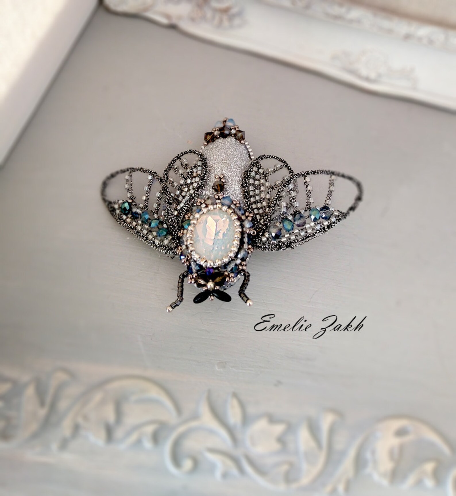 Beetle Gray Silver Insect Brooch Pin Beetle With Beaded Wings - Etsy