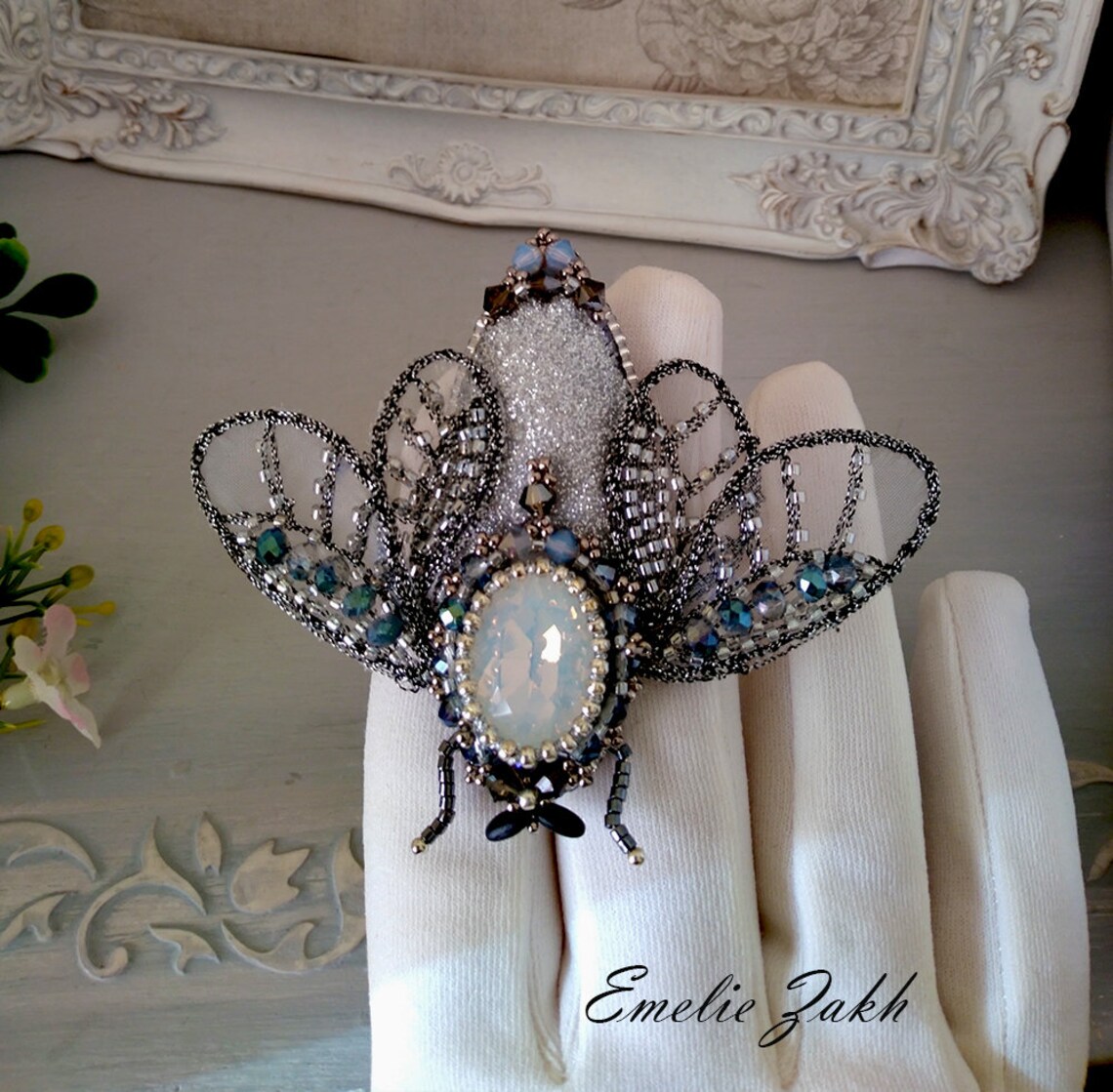 Beetle Gray Silver Insect Brooch Pin Beetle With Beaded Wings - Etsy