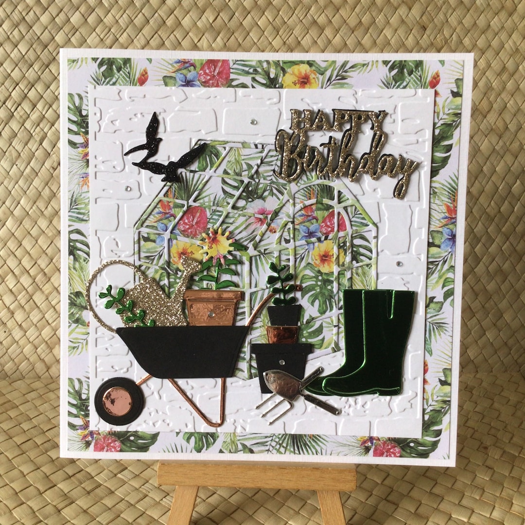 Gardening Birthday Card , Botanical Greenhouse Greeting, Wheelbarrow ...