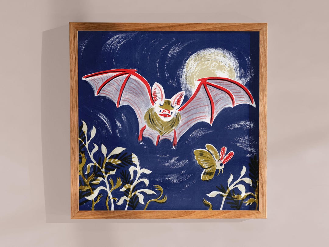 Bat and Moth Square Art Print: Wildlife Illustration on Recycled Paper ...