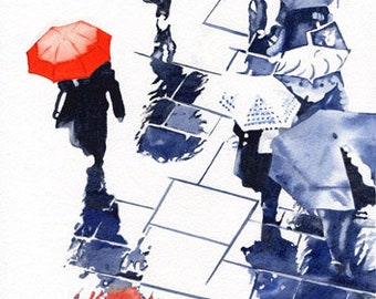 Red BROLLY & REFLECTIONS Art Canvas Print of Watercolour Painting ...
