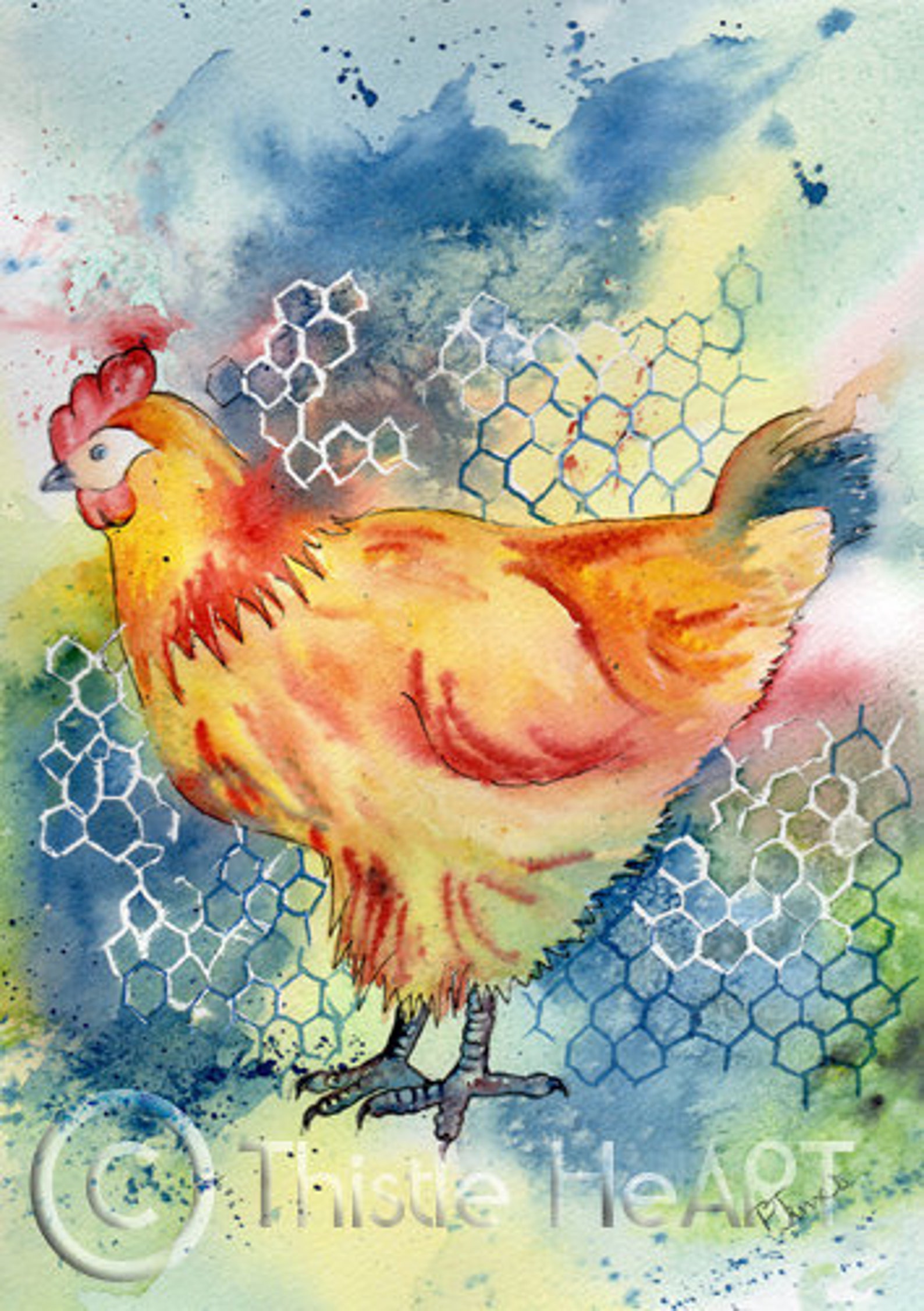 FUNKY CHICKEN HEN Art Print of Original Watercolour Painting From ...