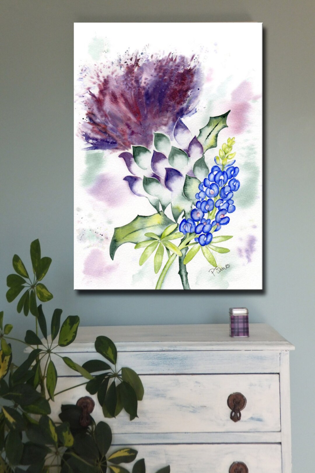 THISTLE BLUEBONNET Scotland Canvas Art Print of Original Watercolour ...