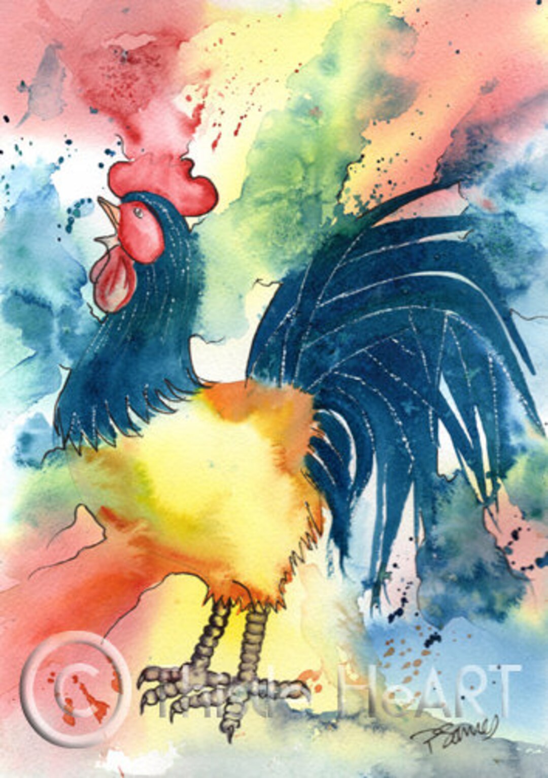 FUNKY COCKEREL Art Print of Original Watercolour Painting From Scottish ...