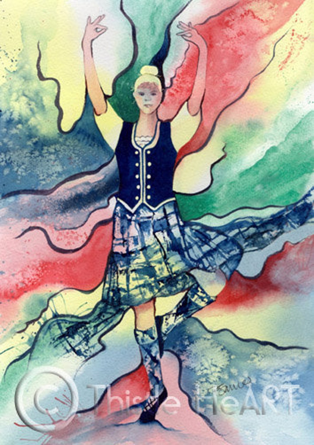 HIGHLAND DANCER Blue Scottish Art Print of Original Watercolour ...