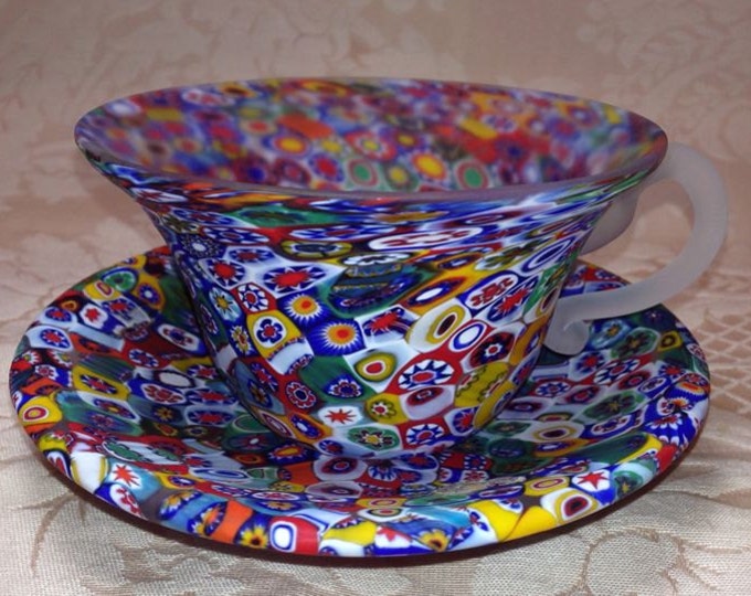 MURANO Glass MILLEFIORI Tea Cup and Saucer Crazy Quilt VENETIAN Glass ...