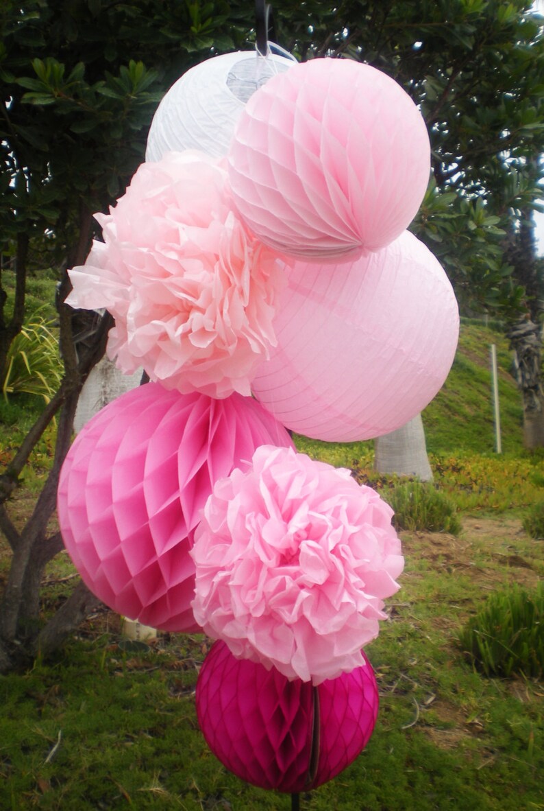 Pink ombre paper lantern tissue pom poms and honeycomb ball | Etsy