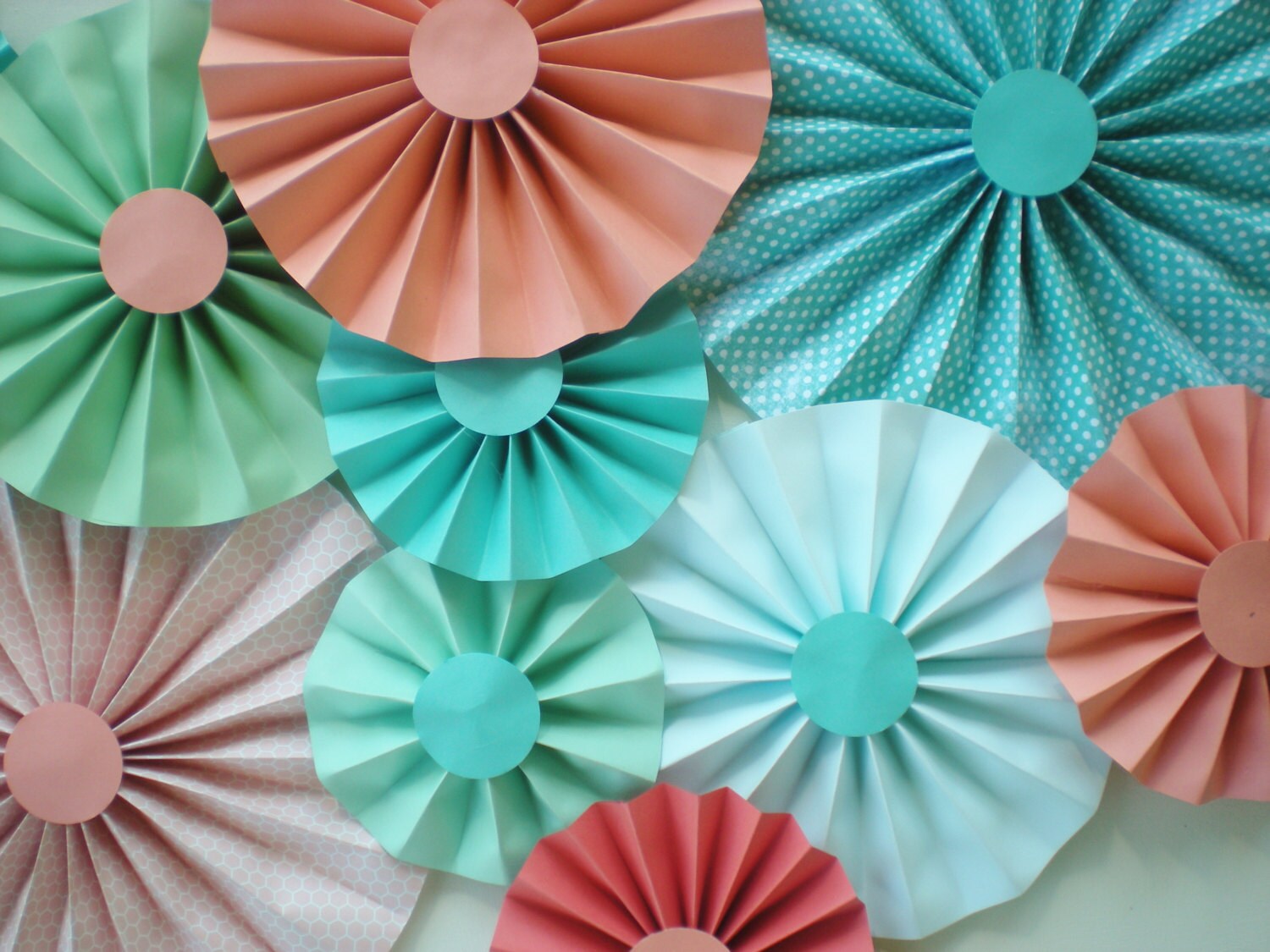 Coral aqua paper fan backdrop set of 10 varying sizes | Etsy