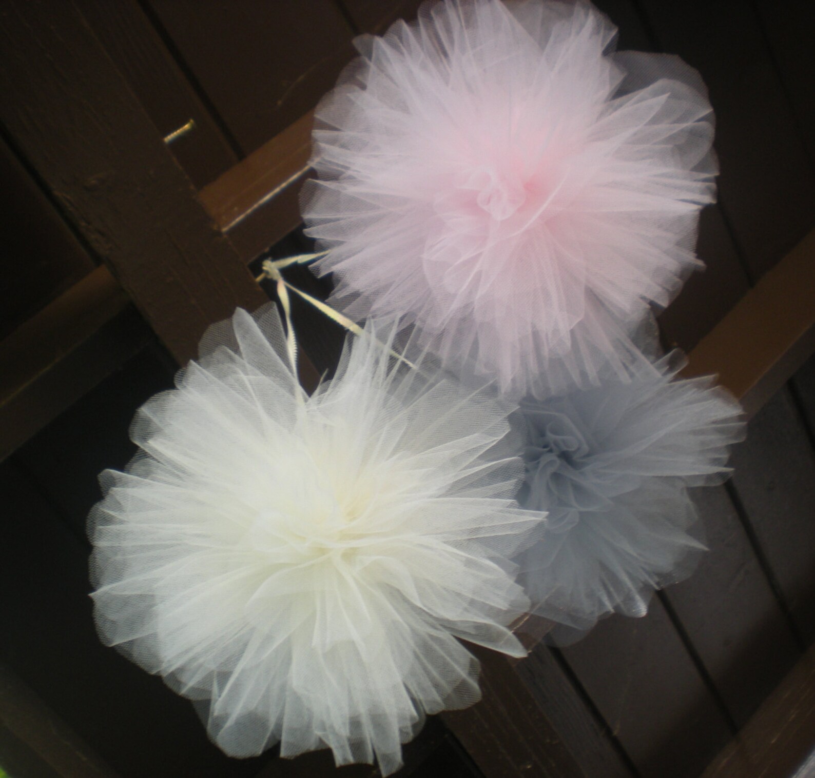 Tulle Fabric Pom Poms, Set of 3, Pink Gray Cream, 8" Diameter, Custom ...