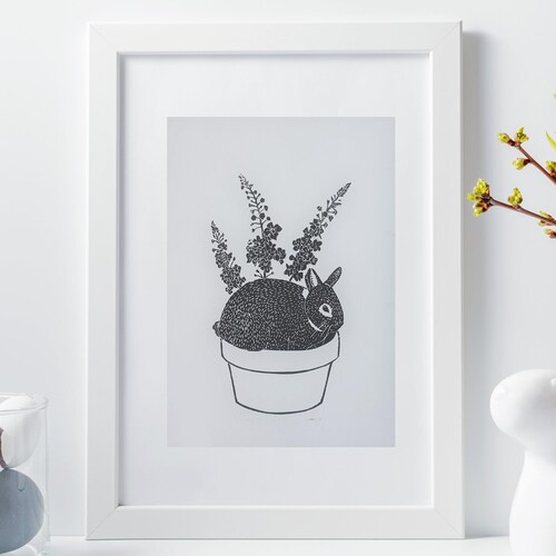 Rabbit Linocut Print - Etsy