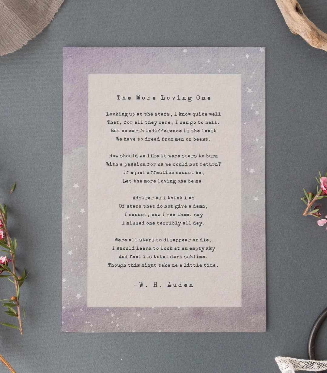 W. H. Auden Poem Print: the More Loving One, Love Poetry Art - Etsy