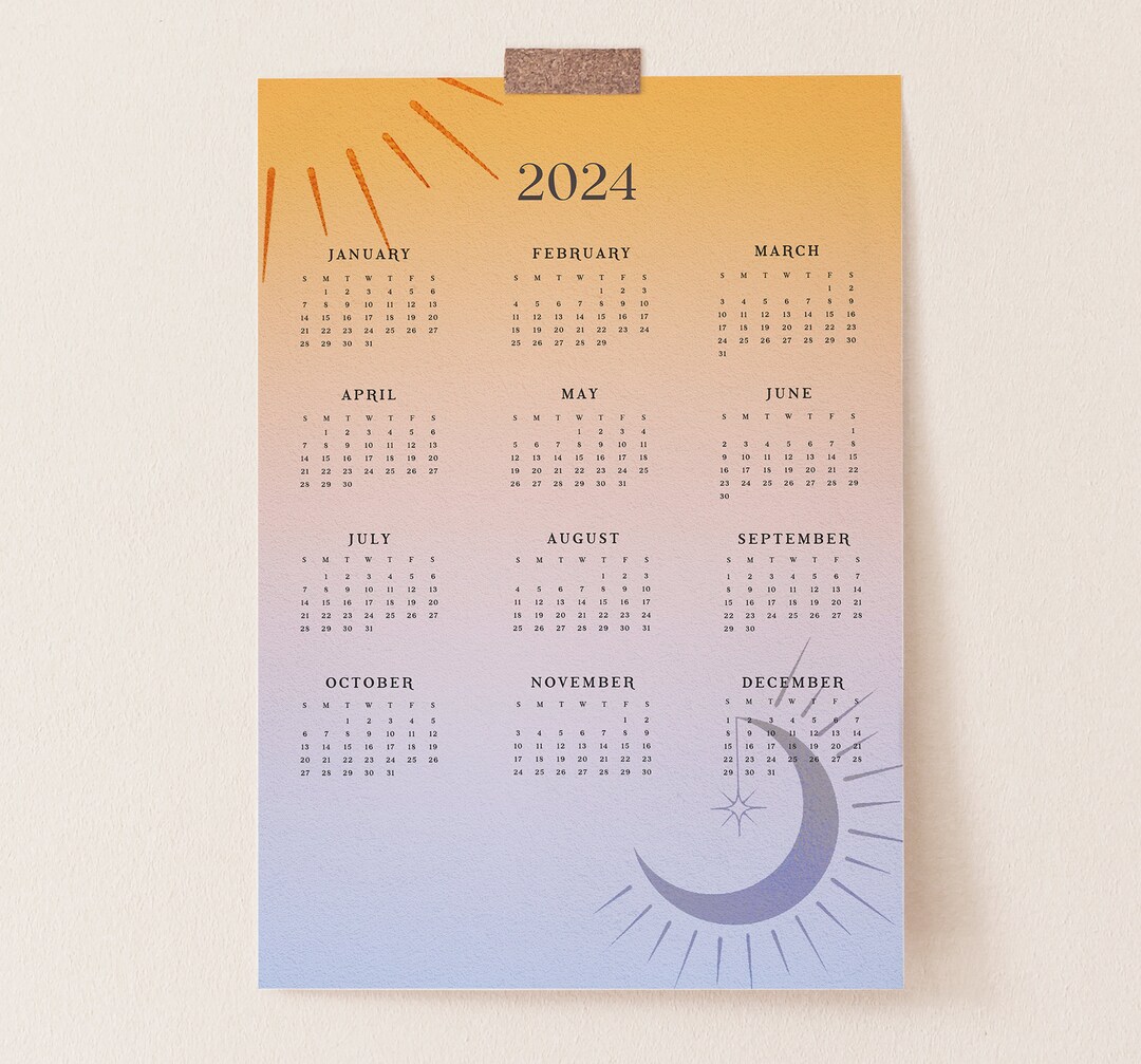2024 Wall Calendar Sun and Moon Year at a Glance Wall - Etsy