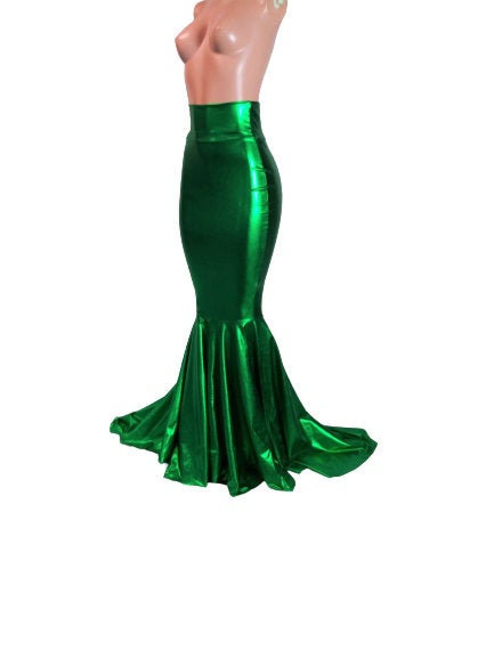 Green Metallic Mermaid Skirt Fish Tail Costume, Long Flowing Puddle ...