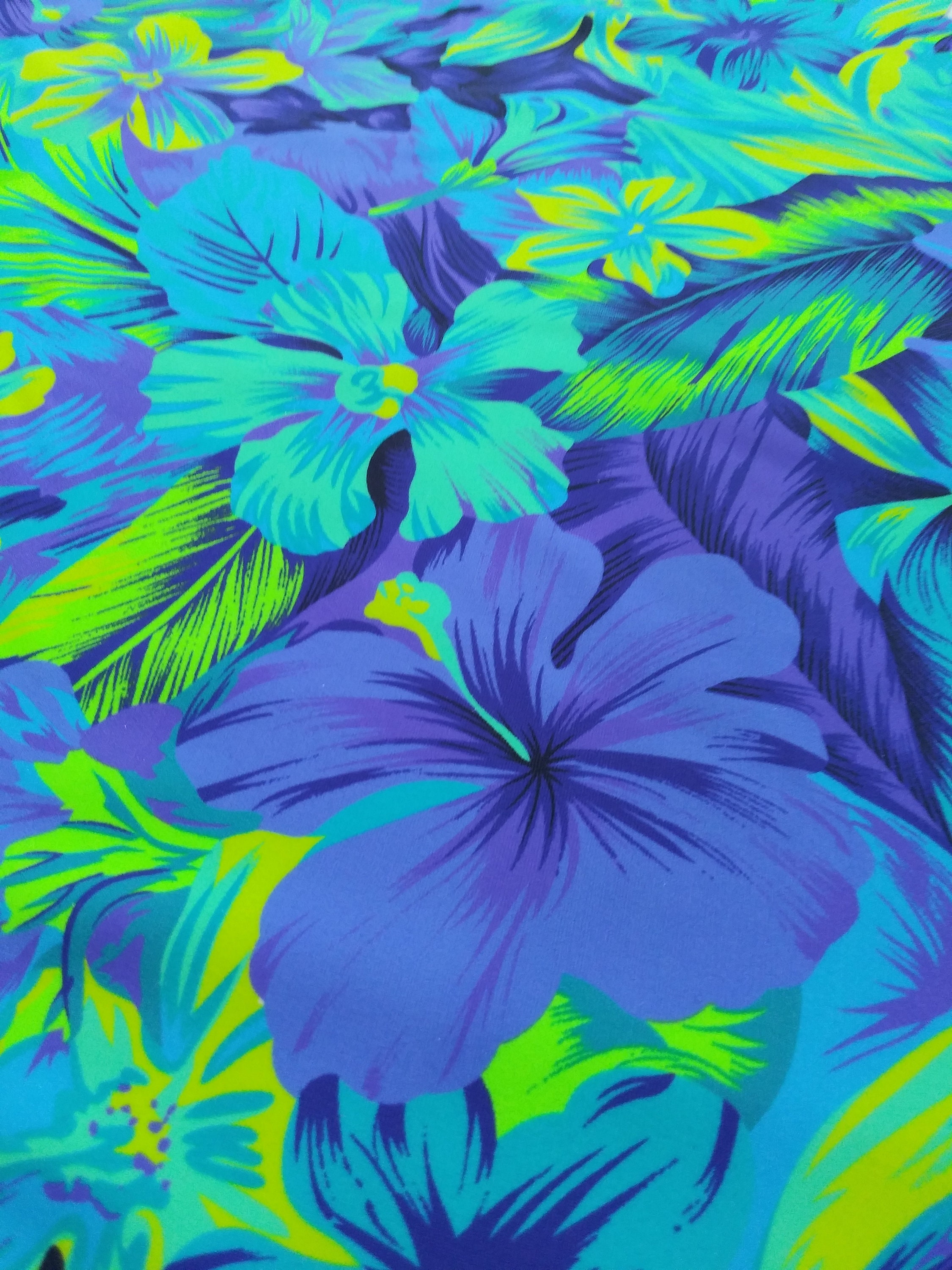 Tahitian Floral Blue Fabric Spandex Print Fabric Sold by the Half and ...