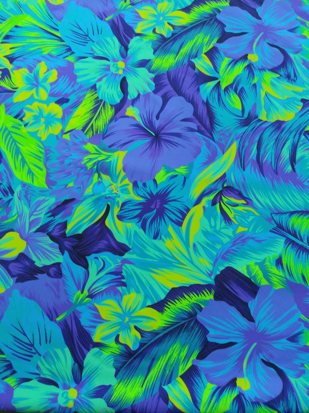 Tahitian Floral Blue Fabric Spandex Print Fabric Sold by the Half and ...