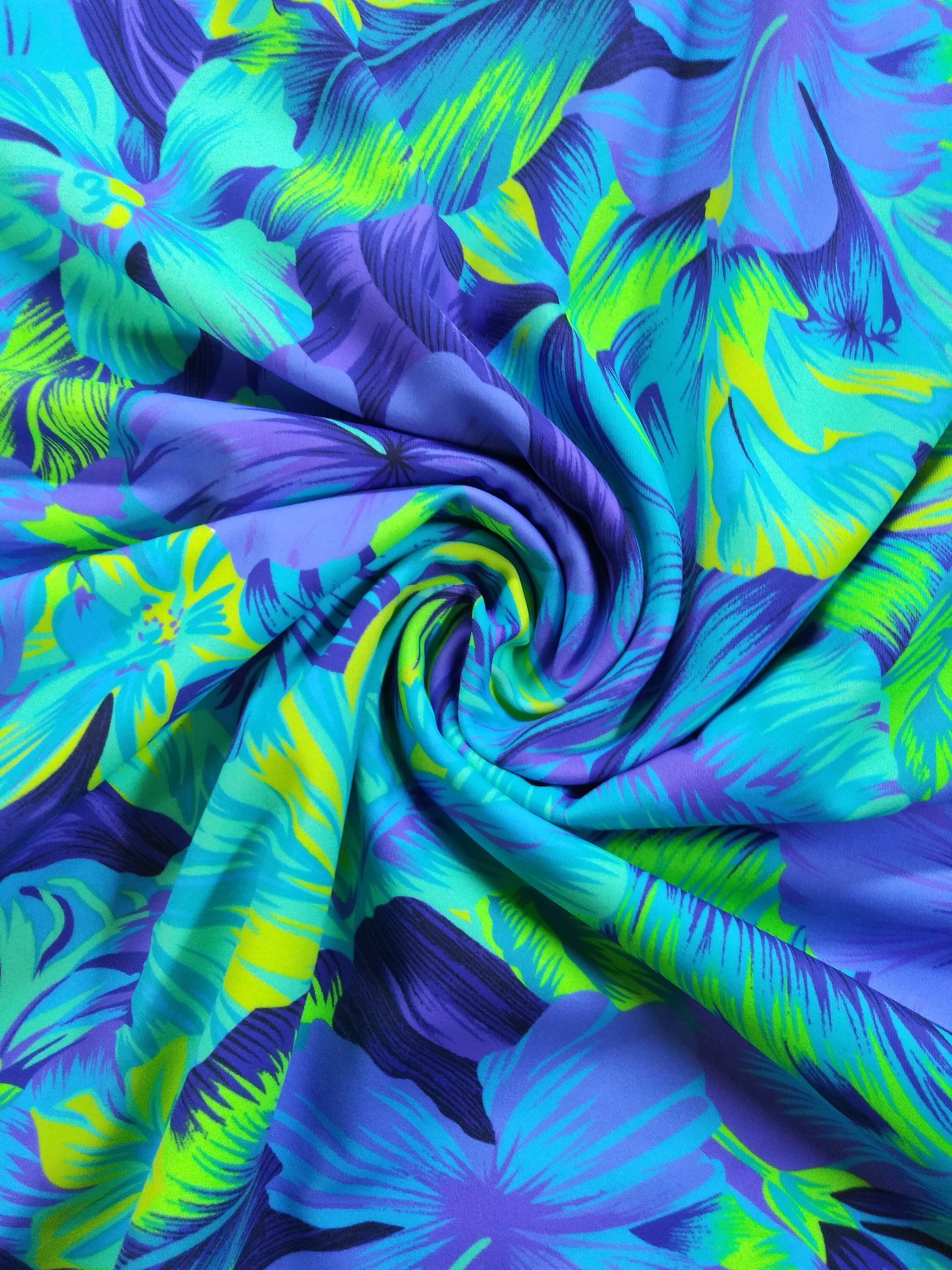 Tahitian Floral Blue Fabric Spandex Print Fabric Sold by the Half and ...