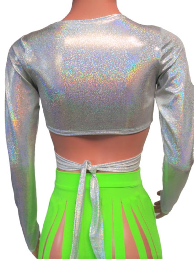 Holographic Silver Wrap Crop Top – Metallic Long Sleeve Festival Top ...