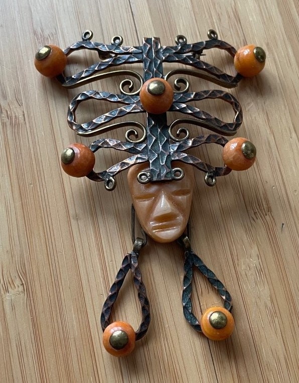 Aztec Warrior Brooch Hand Made of Copper, Brass, Gilded and Calcite - Etsy