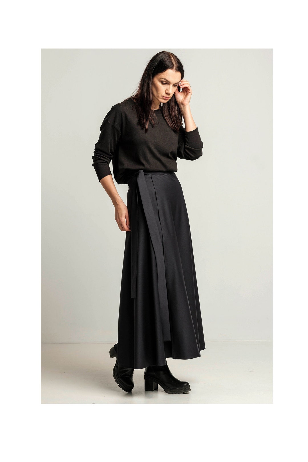 Dark Blue/black Wool Wrap Maxi Skirt, High Waisted Skirt, Natural Wool ...