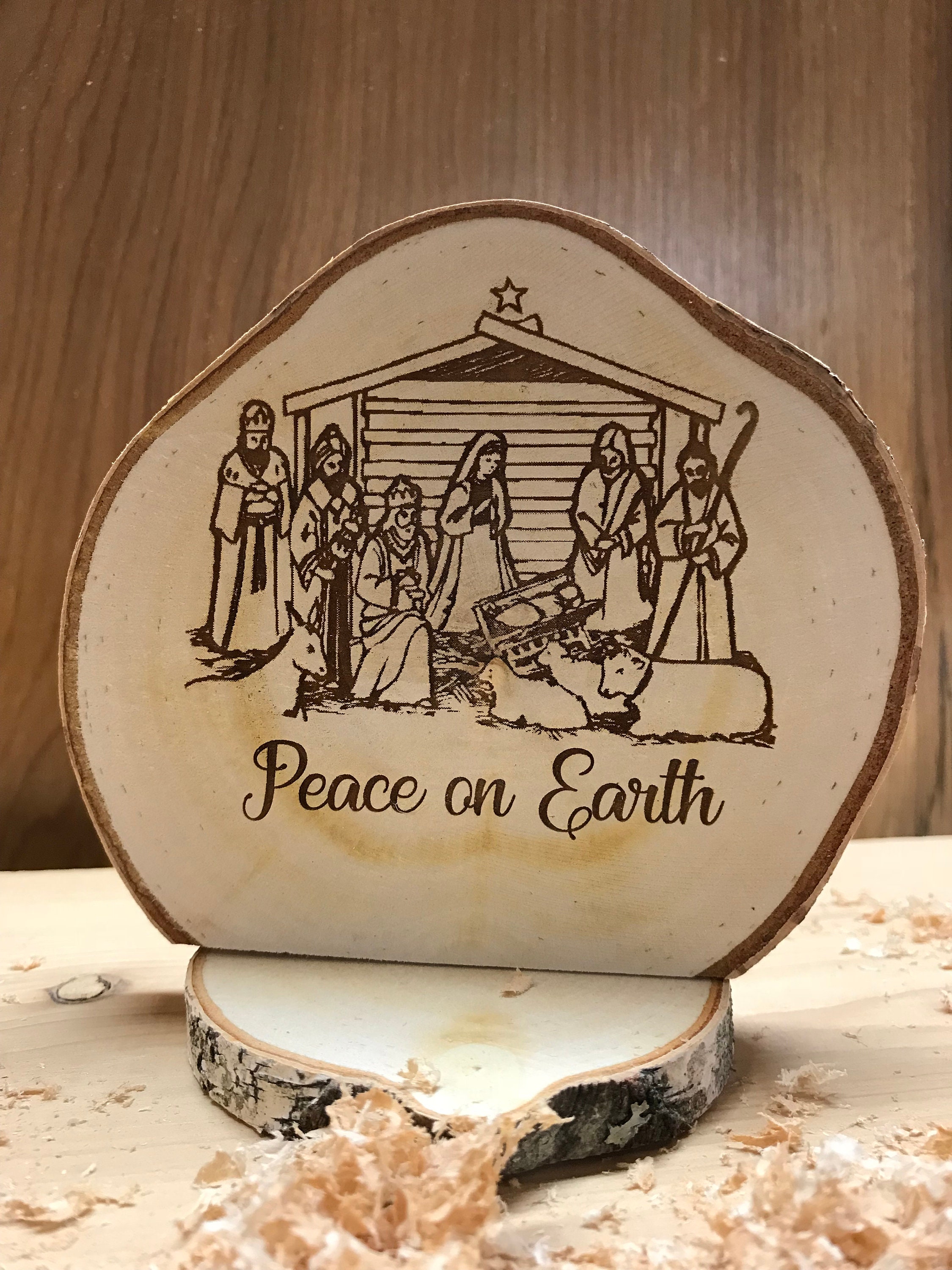 Wood Nativity Scene Peace On Earth Wood Slice Manger Scene | Etsy