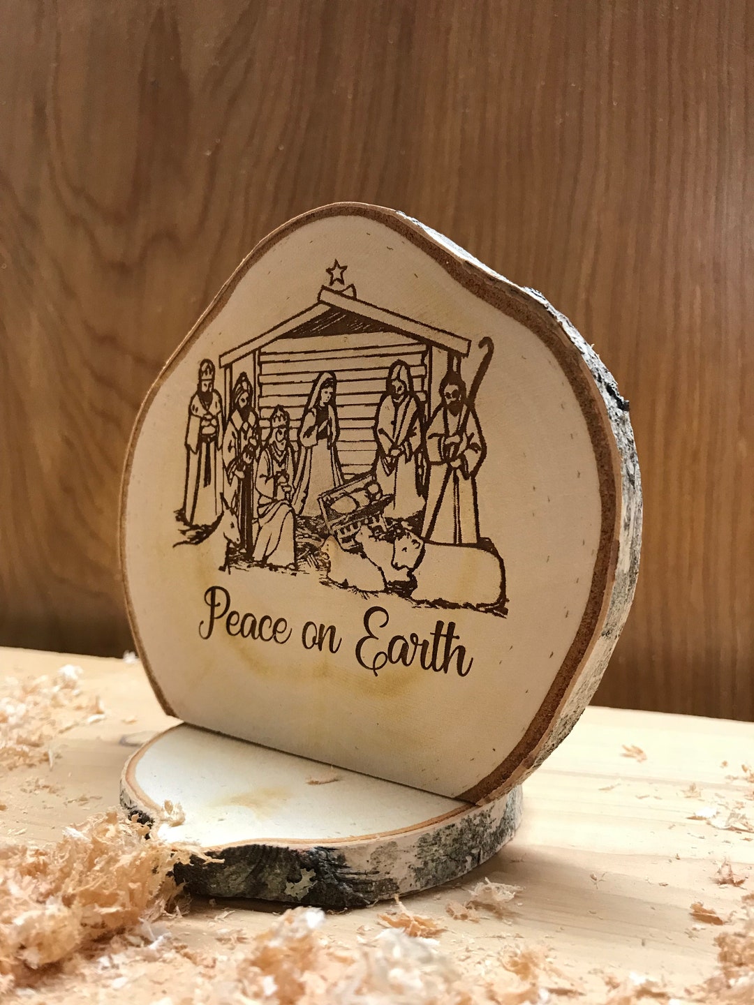 Wood Nativity Scene Peace on Earth Wood Slice Manger Scene - Etsy