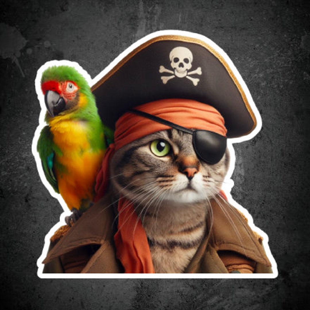 Pirate Cat Sticker | Captain Jack Tabby & Mr. Parrot | Badass Stickers ...