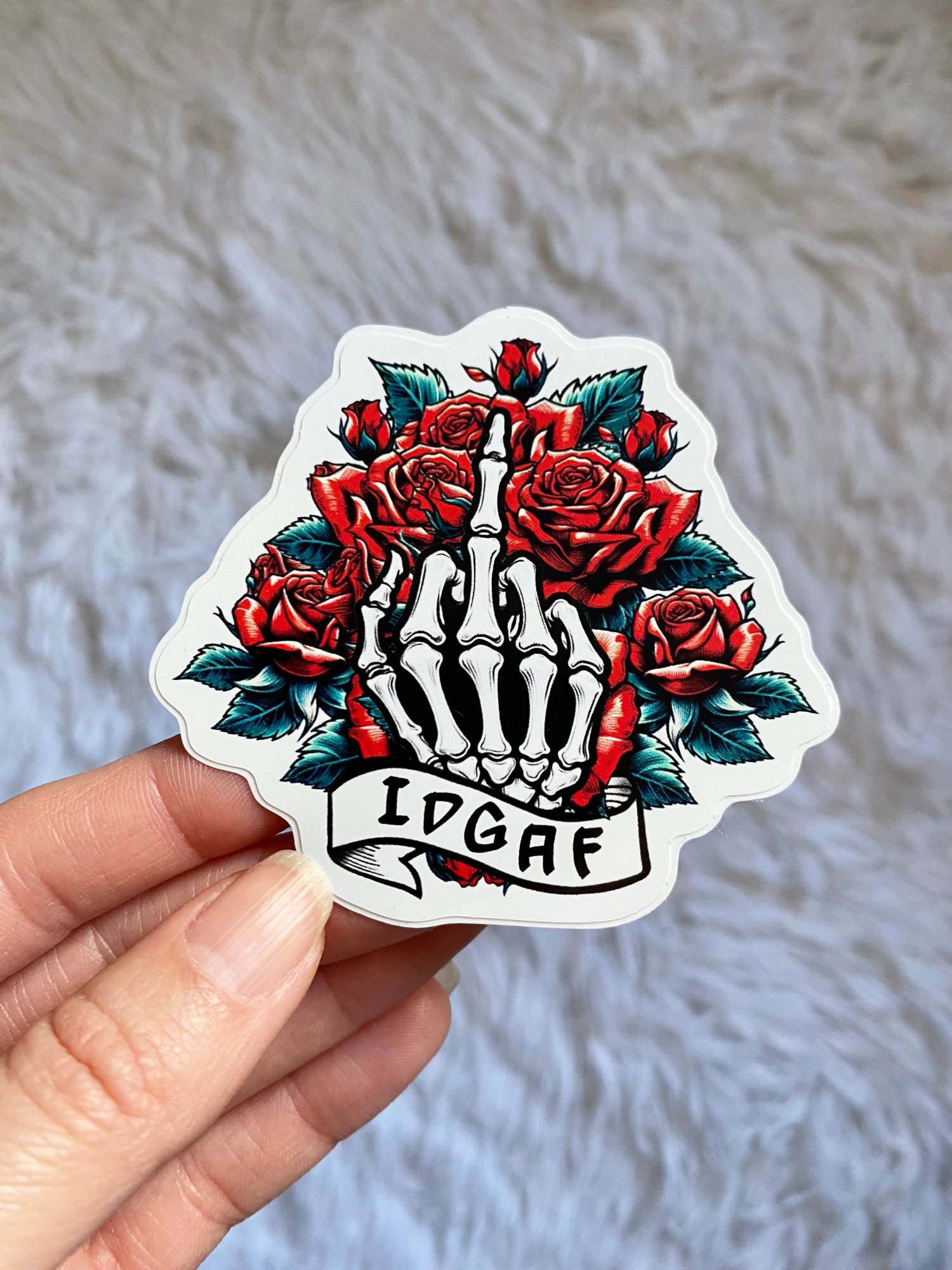 IDGAF Sticker | Sailor Jerry Style Roses & Skeleton Middle Finger - Etsy