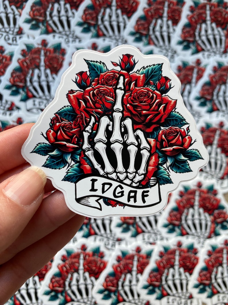 IDGAF Sticker | Sailor Jerry Style Roses & Skeleton Middle Finger - Etsy