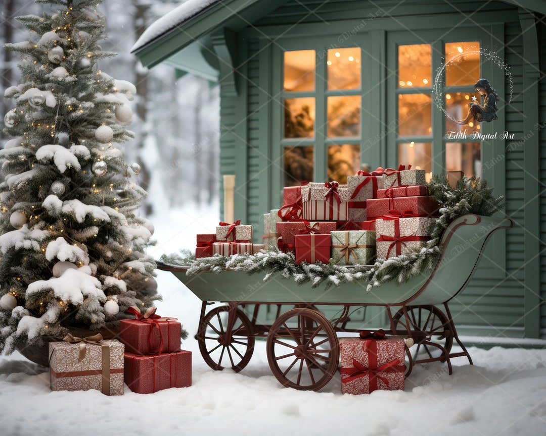 Christmas Digital Backdrop Photography, Sleigh With Christmas Gifts at ...