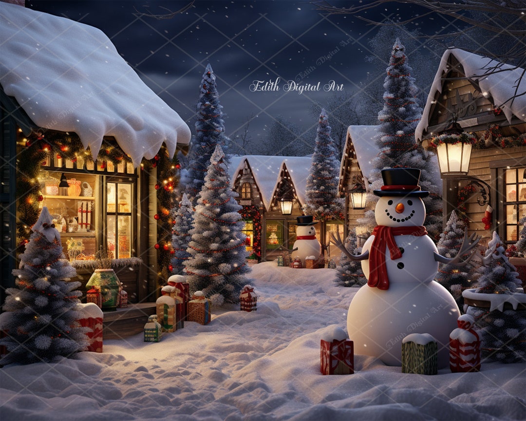 Christmas Village Background, Christmas Digital Backdrop, Snowman on ...