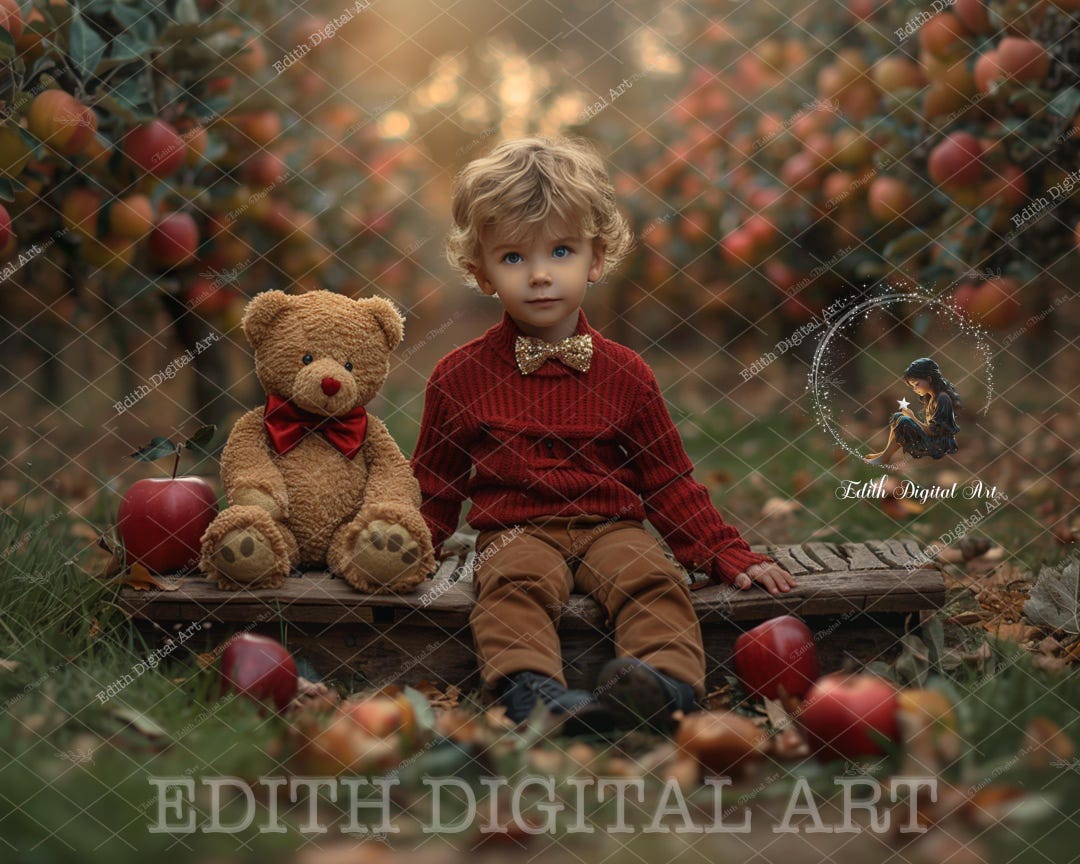 Apple Orchard Digital Backdrop Photography, Teddy Bear at Wooden Bench ...