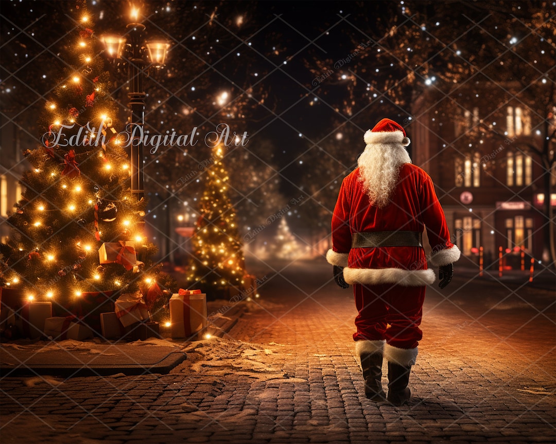 Santa Walking on Christmas Street, Christmas Digital Backdrop ...