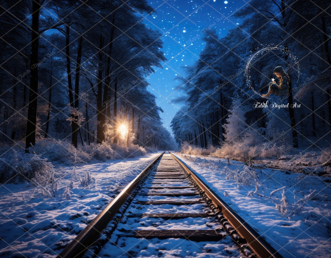 Snowy Train Tracks Digital Backdrop, Winter Snowy Train Tracks ...