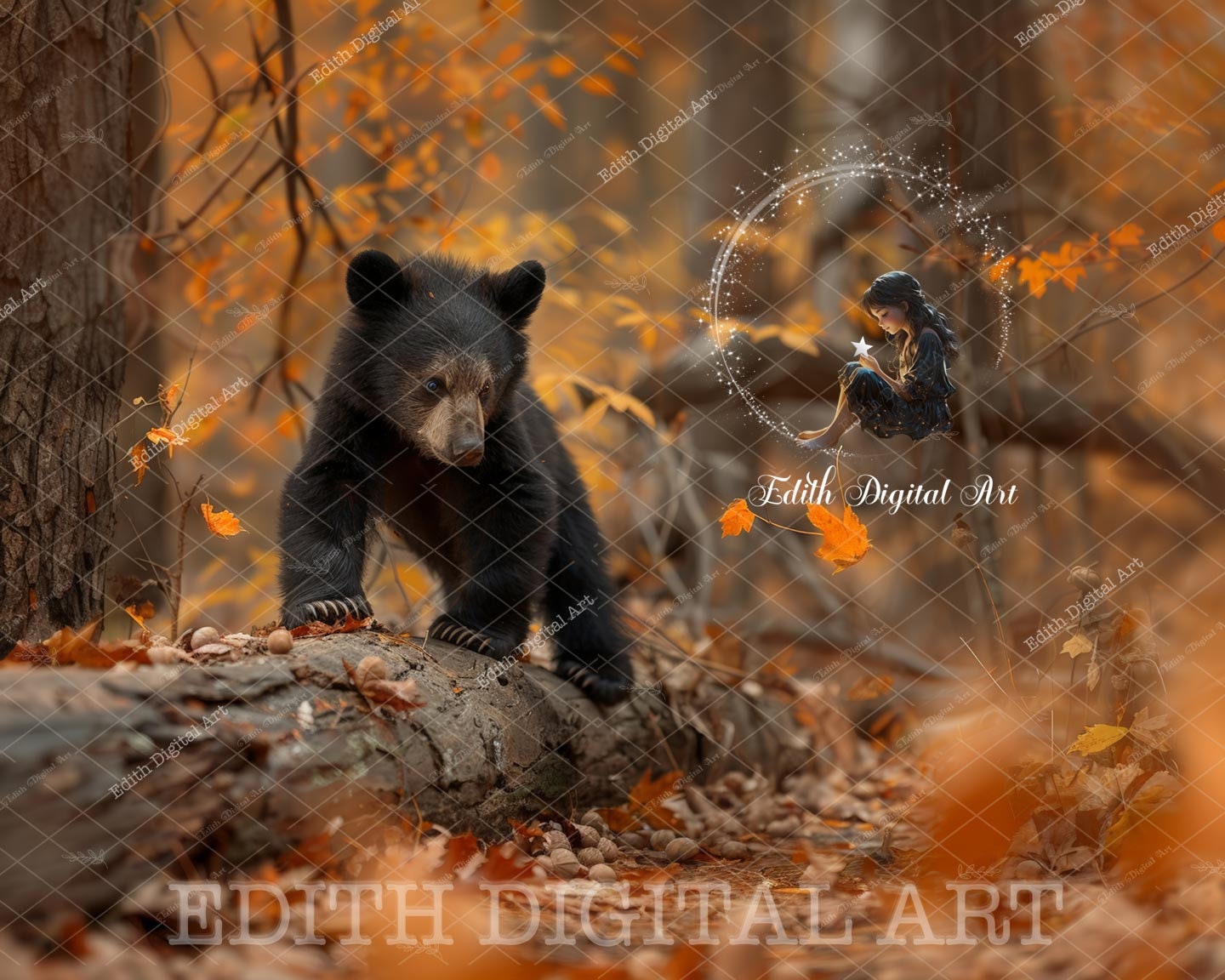 Black Bear at Fall Forest Digital Backdrop, Autumn Photography ...