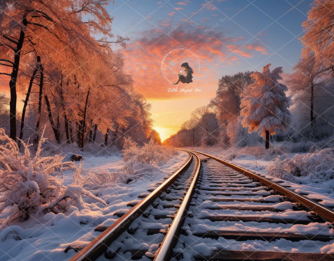 Snowy Train Tracks Digital Backdrop, Winter Snowy Railroad Background ...