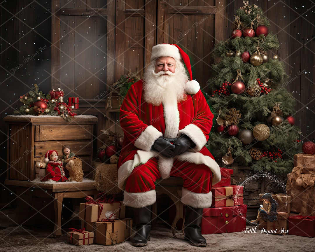 Christmas Digital Backdrop, Santa With Christmas Gifts, Christmas ...